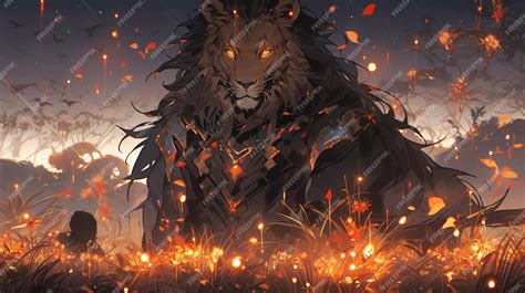 Premium Ai Image Anime Lion With Glowing Eyes Standing In A Field Of