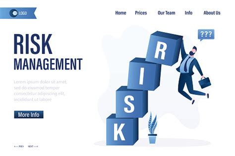위험 관리 방문 페이지 템플릿 사업가는 텍스트가있는 큐브의 불균형 한 피라미드 인 Risk를 고수하기 위해 고군분투합니다 재무