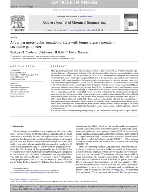 Pdf A Four Parameter Cubic Equation Of State With Temperature Dependent Covolume Parameter