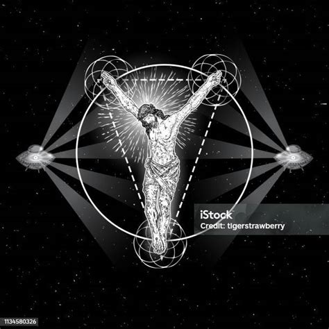 신성한 기하학 십자가 하나님의 아들 별이 있는 공간에서 눈 광선을 보는 외계인 Ufo 들에 게 십자가에 못 예수 손으로 그린 스케치 육체 문신 참조 현대 좋은 금요일의