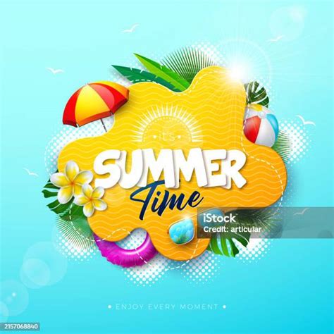 여름 시간 그림 와 해변 휴일 요소 꽃 와 열대 야자수 잎 통하고 있는 바다 파란 배경 비치 볼 차양 수영장 플로트 및 타이포그래피 문자가 있는 선글라스 배너 전단지 초대장