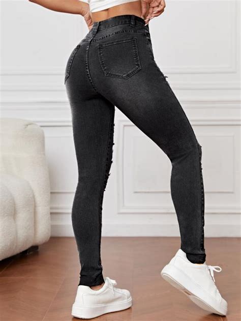Shein Ezwear Ripped Frayed Slant Pocket Skinny Jeans Shein Usa