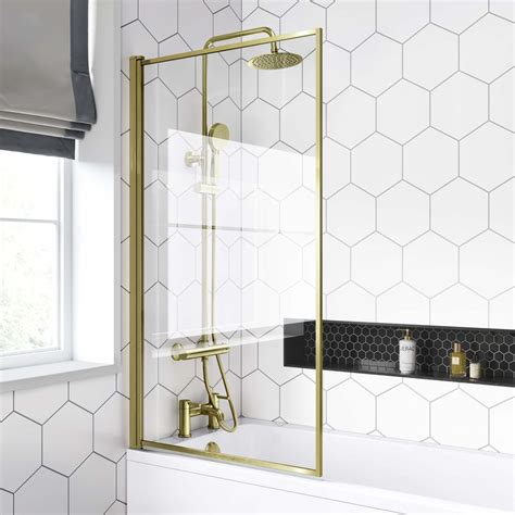 Stafford V2 1700x700 Round Shower Bath And 6mm Easy Clean Brushed Brass Framed Bath Screen