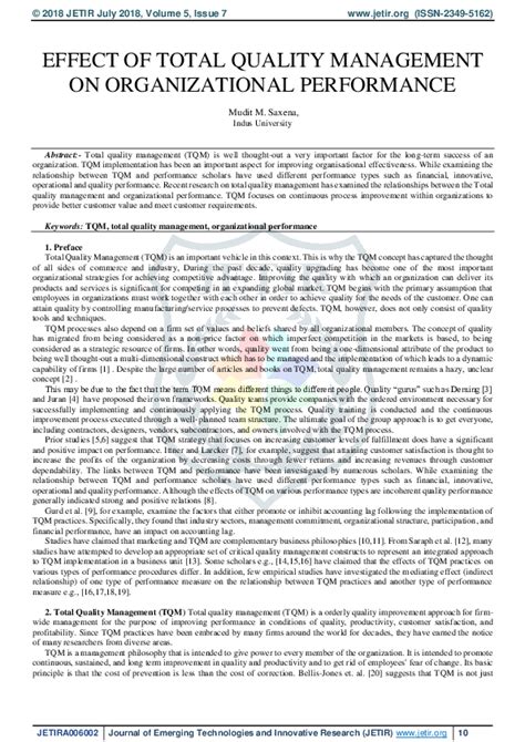 Pdf Effect Of Total Quality Management On Organizational Performance