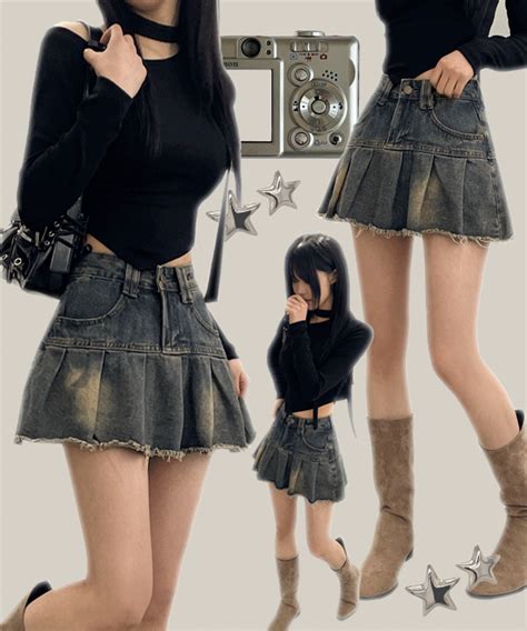 Y2k 모델강추 [힙 유니크 속바지o] 뮤틀 빈티지 플리츠 데님 스커트 에이블리