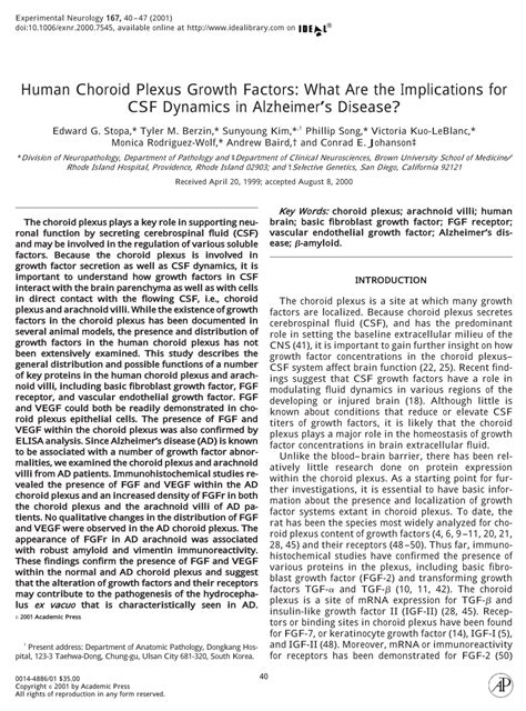 Pdf Human Choroid Plexus Growth Factors What Are The Implications For Csf Dynamics In