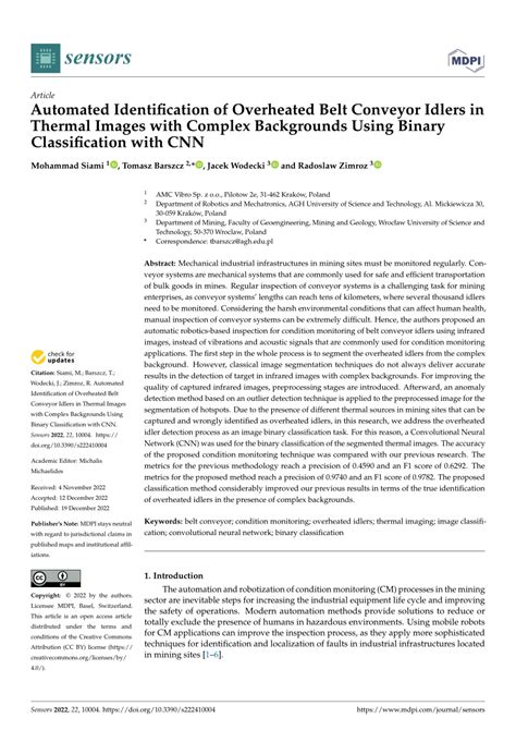 Pdf Automated Identification Of Overheated Belt Conveyor Idlers In Thermal Images With Complex