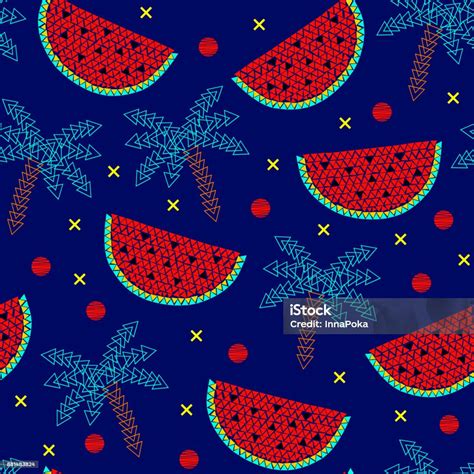 야 자 나무 수 박 기하학적 요소와 밝은 여름 열 대 디자인 활기찬 모자이크 그림입니다 파란색 배경입니다 과일에 대한 스톡 벡터