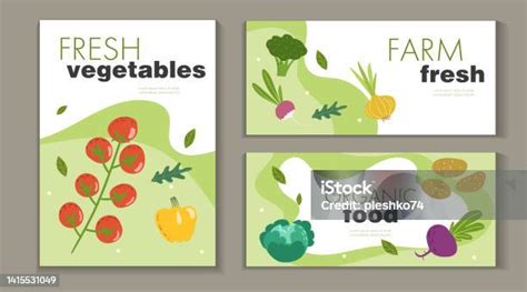 신선한 야채 디자인 템플릿 세트 평평한 손으로 그려진 신선한 지역 및 채소가있는 배너 시장 포스터 전단지 및 메뉴 디자인에 가장 적합합니다 벡터 일러스트레이션 가을에 대한
