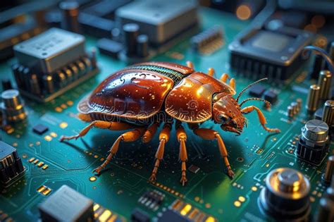 Digital Computer Bug On Circuit Board Concept Representation Of Software Error Stock