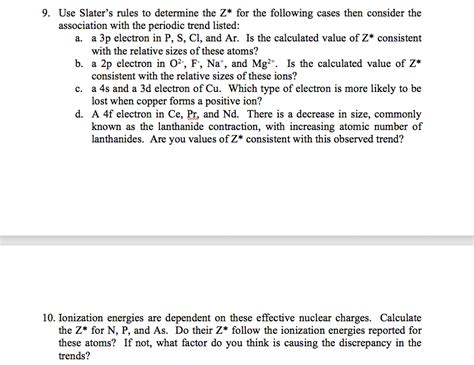 Solved 9 Use Slater S Rules To Determine The Z For The Chegg Com