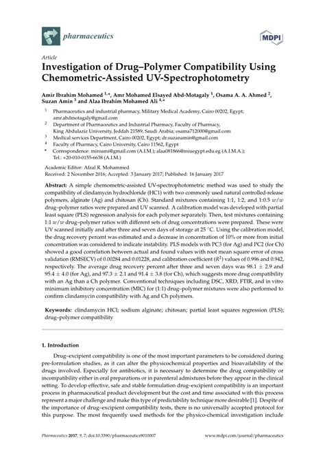 Pdf Investigation Of Drugpolymer Compatibility Using Chemometric Assisted Uv Spectrophotometry