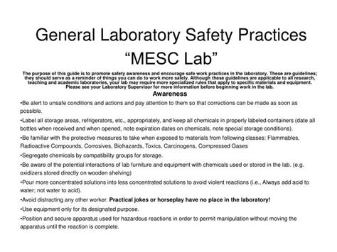 Ppt General Laboratory Safety Practices “mesc Lab” Powerpoint Presentation Id1341300 Ppt General Laboratory Safety Practices “mesc Lab” Powerpoint Presentation Id1341300
