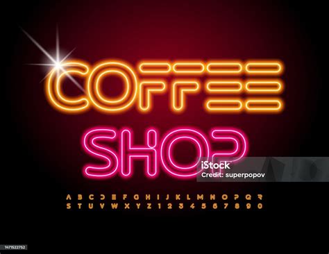 벡터 다채로운 배너 커피숍 네온 알파벳 문자와 숫자 세트 그래픽 프린트에 대한 스톡 벡터 아트 및 기타 이미지 그래픽 프린트