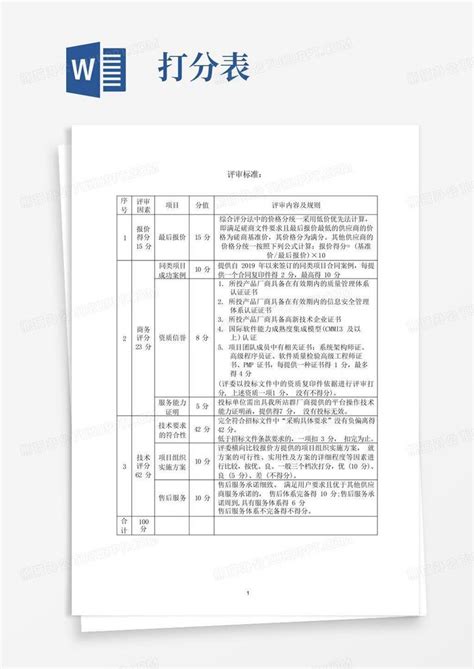 评标打分表Word模板下载 编号qngvomdo 熊猫办公