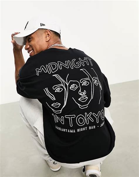 Asos Design Oversized T Shirt In Black With Line Drawing Face Back