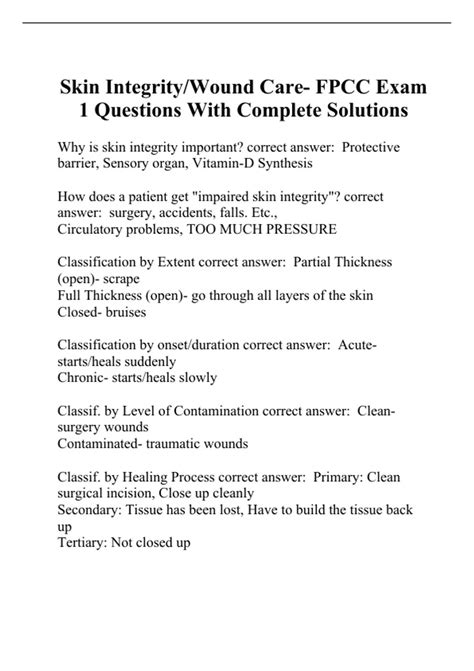 Skin Integrity Wound Care FPCC Exam 1 Questions With Complete Solutions FPCC Stuvia US