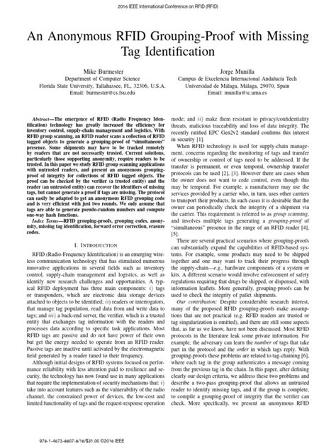 Burmester2016an Anonymous Rfid Grouping Proof With Missing Tag Identification Pdf Radio