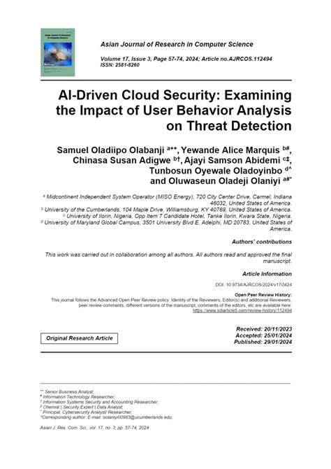 Pdf Ai Driven Cloud Security Examining The Impact Of User Behavior Analysis On Threat Detection