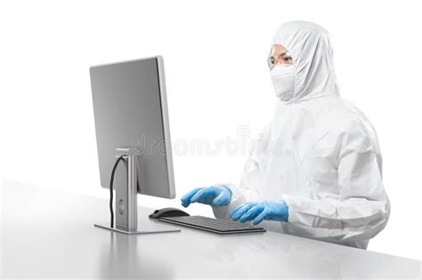 Worker Wears Medical Protective Suit Or Coverall Suit Work With