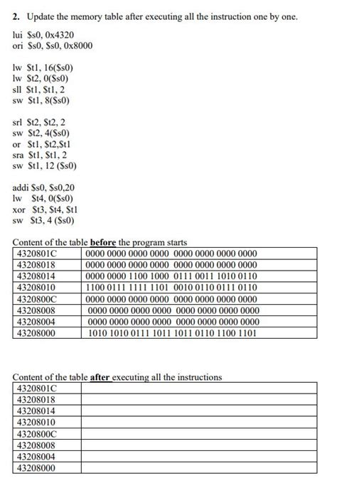 solved 2 update the memory table after executing all the