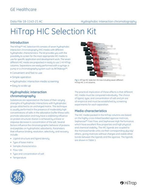 Hitrap Hic Selection Kit Ge Healthcare Life Sciences
