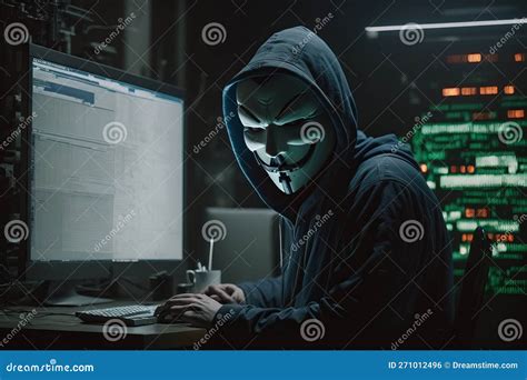 Hooded Hacker With Mask Using Laptop Break Or Attack Into Data Server Hacking Coding Or