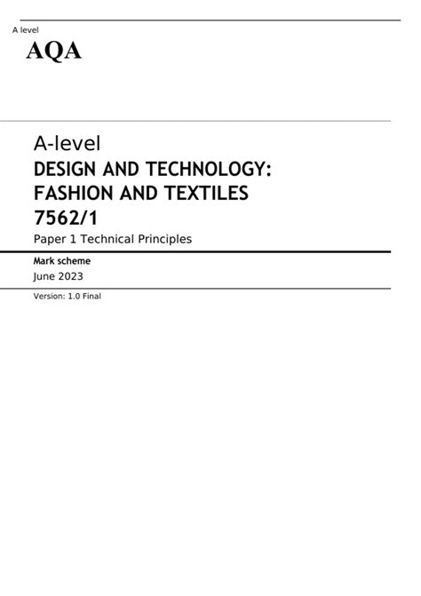 Aqa A Level Design And Technology Fashion And Textiles Paper 1 And 2 June 2023 Mark Schemes