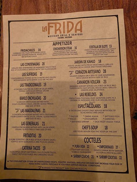 Menu At La Frida Mexican Grill And Seafood Pub And Bar Tucson
