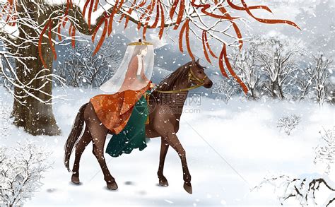 唯美古风写意雪地骑马的古代女子插画插画图片下载 正版图片402024674 摄图网