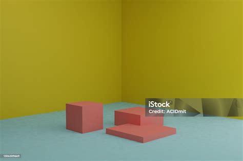 차분한 파스텔 색상의 사각형 연단과 3d 모델링 장면 간단한 기하학적 요소로 빈 쇼케이스 모형 화장품 프레젠테이션을 위한 빈