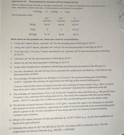 Solved Experiment Thermodynamics Entropy And Free Chegg Com