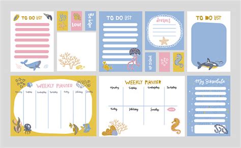 기획자 세트와 해양 생물과 트렌디 한 글자의 간단한 스칸디나비아 일러스트와 함께 목록을 Fo 어젠다 주간 플래너 체크리스트에 대한 템플릿 플랫 벡터 손 그린 그림 고래에