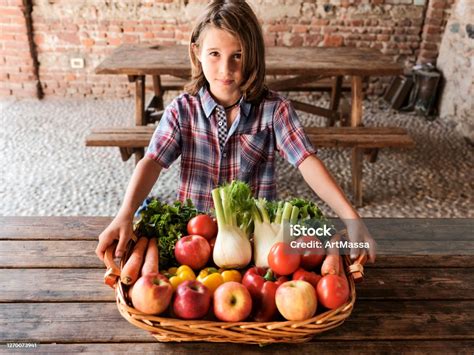정원에서 신선한 과일과 채소를 선택하는 농부로 옷을 입은 아이들 10 11세에 대한 스톡 사진 및 기타 이미지 10 11세 Full Hd Format 건강한 생활방식