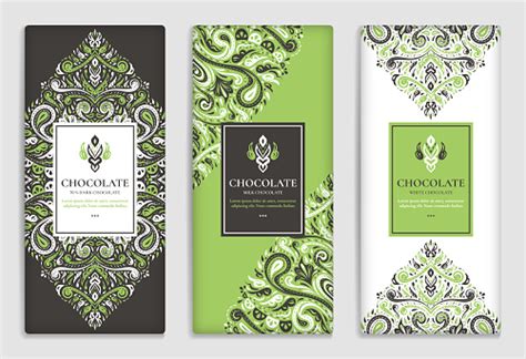 초콜릿 바의 녹색과 갈색 빈티지 포장 디자인 장식 요소와 벡터 고급 템플릿입니다 배경 및 배경 화면으로 사용할 수 있습니다 음식 및 음료 패키지 유형에 적합합니다 0명에