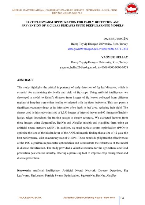PDF PARTICLE SWARM OPTIMIZATION FOR EARLY DETECTION AND PREVENTİON OF FIG LEAF DISEASES USING