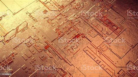 반사와 빛이 있는 회로 금속 기판의 매크로 보기 미래와 기술 개념 3d 렌더링 일러스트레이션 3차원 인쇄에 대한 스톡 사진 및