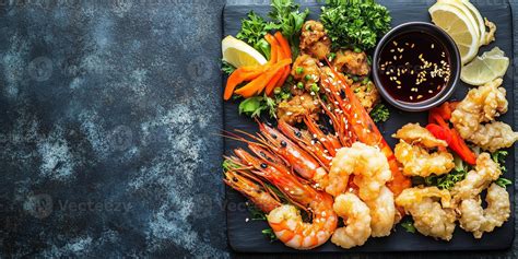 Tempura Platter With Shrimp And Vegetables Accompanied By Dipping