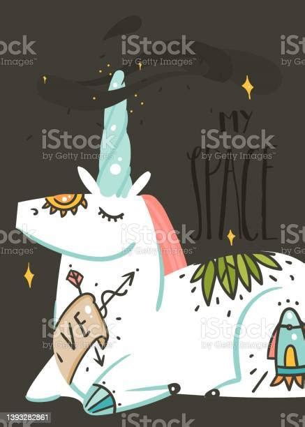 손으로 그린된 벡터 추상적인 그래픽 창작 만화 일러스트 카드 디자인 서식 파일 간단한 아름다움 유니콘 여자 캐릭터와 내 공간