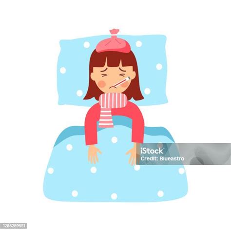 담요 아래 침대에서 독감으로 고통받는 소녀 아이들 슬픈 아이들은 발열을 가지고 입에 온도계를 가지고 독감 또는 감기 알레르기