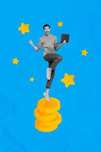 3d 콜라주 포스터 서식 파일 트렌드 삽화 스케치 인적 자원 모집 관리자 젊은 남자 작업 노트북 성공 스탠드 말뚝 동전 25 29세에 대한 스톡 사진 및 기타 이미지