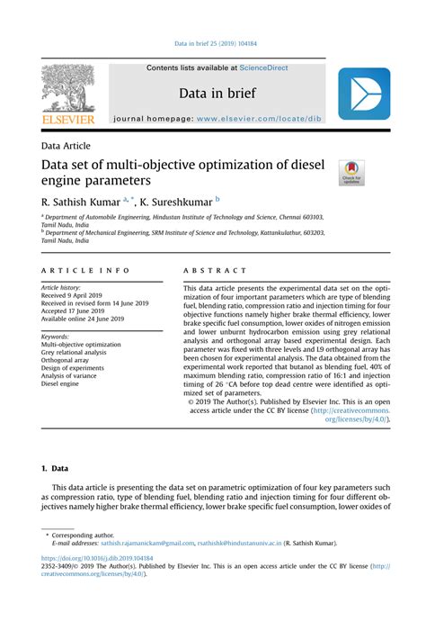 Pdf Data Set Of Multi Objective Optimization Of Diesel Engine Parameters