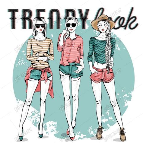 وکتور دختران فشن با لباسهای مد روز وکتور پس زمینه 3 دختر مدل فشن با