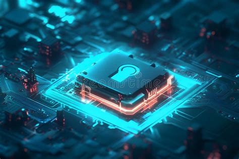 Futuristic Technology Glowing Microchip With Cybersecurity Lock Symbol