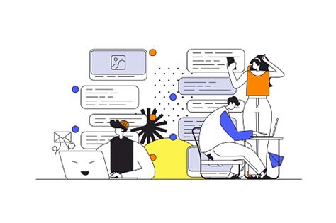Messaging Service Web Concept In Flat Outline Design With Characters Stock Illustration