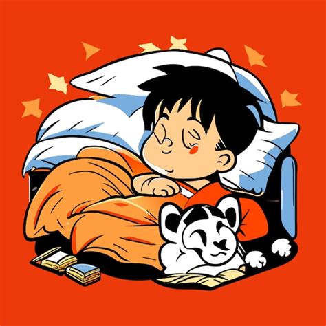 아시안 소년은 침대에 잠을 자고 Bg 터 일러스트레이션 만화 프리미엄 벡터