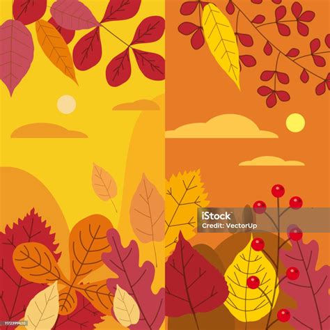 가을 낙엽 오렌지 노란 단풍의 화려한 가을 템플릿을 설정합니다 배경 소셜 미디어 이야기 배너 이벤트 초대 제품 카탈로그 광고를 위한 템플릿입니다 벡터 아이소탈드 트렌디 플랫