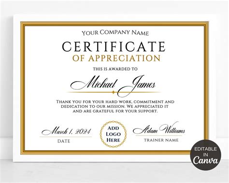 Certificate Of Appreciation Template Editable Appreciation Award Diy