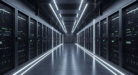 A Modern Data Center Corridor With Rows Of Server Racks On Both Sides The Racks Stock