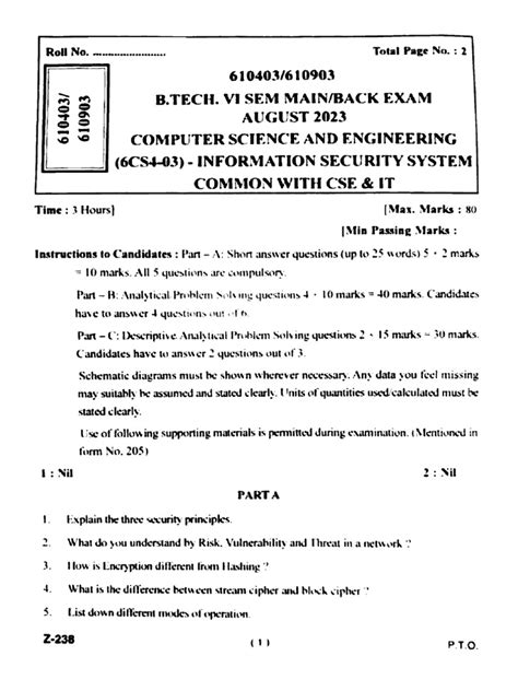 Btech Cs It 6 Sem Information Security System 610403 Aug 2023 Pdf